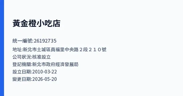 黃金橙小吃店的照片-統編 26192735(新北市) 公司登記資料與營業項目詳細圖表