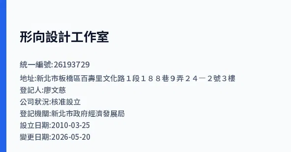 形向設計工作室的照片-統編 26193729(新北市) 公司登記資料與營業項目詳細圖表