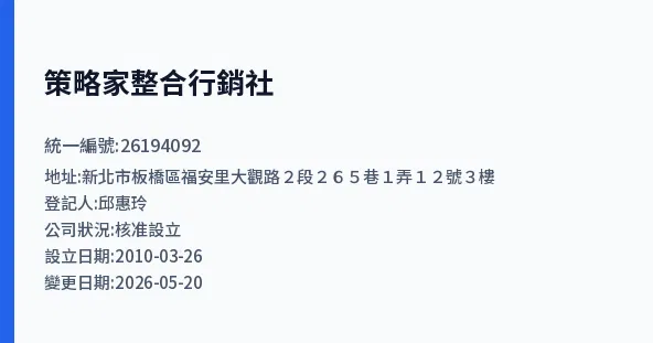 策略家整合行銷社的照片-統編 26194092(臺北市) 公司登記資料與營業項目詳細圖表