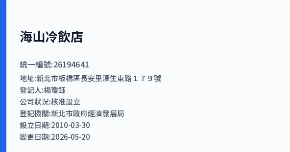 海山冷飲店的照片-統編 26194641(新北市) 公司登記資料與營業項目詳細圖表