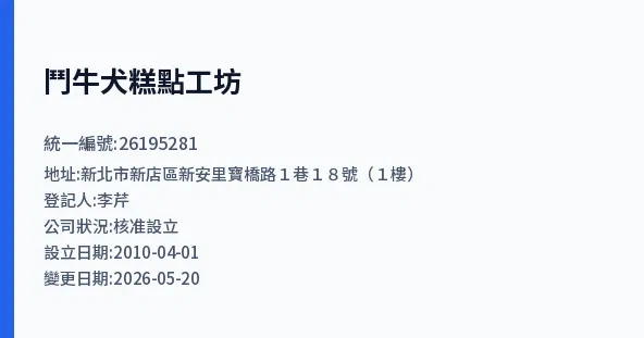 鬥牛犬糕點工坊的照片-統編 26195281(新北市) 公司登記資料與營業項目詳細圖表