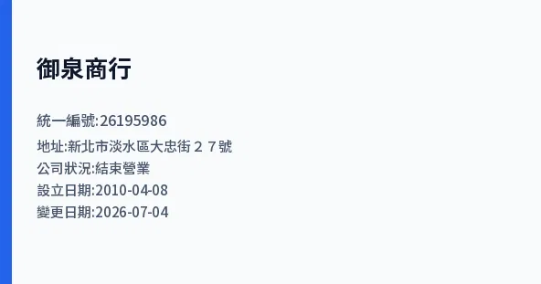 御泉商行的照片-統編 26195986(新北市) 公司登記資料與營業項目詳細圖表