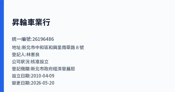 昇輪車業行的照片-統編 26196486(新北市) 公司登記資料與營業項目詳細圖表