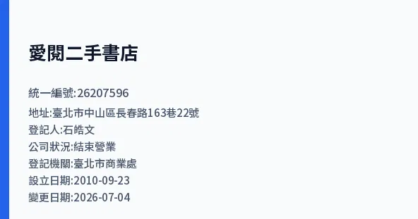 愛閱二手書店的照片-統編 26207596(臺北市) 公司登記資料與營業項目詳細圖表