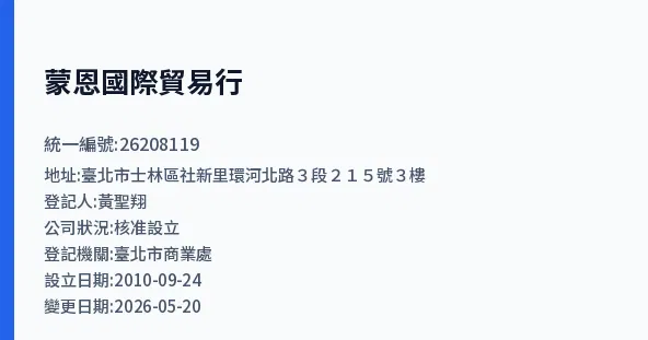 蒙恩國際貿易行的照片-統編 26208119(臺北市) 公司登記資料與營業項目詳細圖表