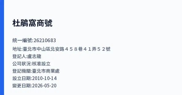 杜鵑窩商號的照片-統編 26210683(臺北市) 公司登記資料與營業項目詳細圖表