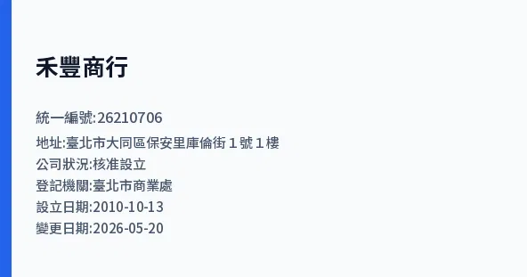 禾豐商行的照片-統編 26210706(臺北市) 公司登記資料與營業項目詳細圖表