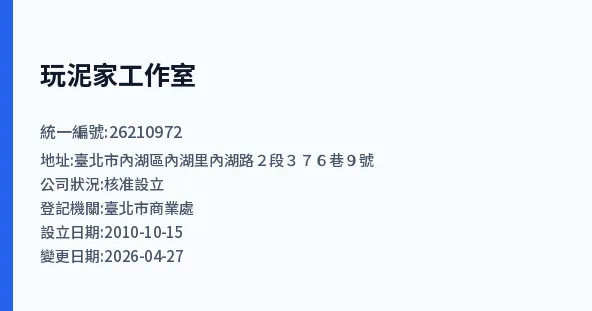 玩泥家工作室的照片-統編 26210972(臺北市) 公司登記資料與營業項目詳細圖表