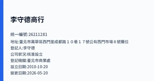 李守德商行的照片-統編 26211281(臺北市) 公司登記資料與營業項目詳細圖表