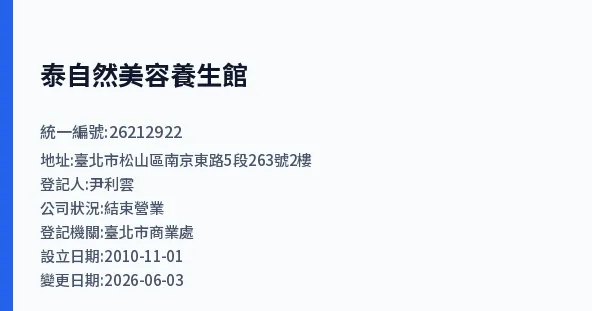 泰自然美容養生館的照片-統編 26212922(臺北市) 公司登記資料與營業項目詳細圖表