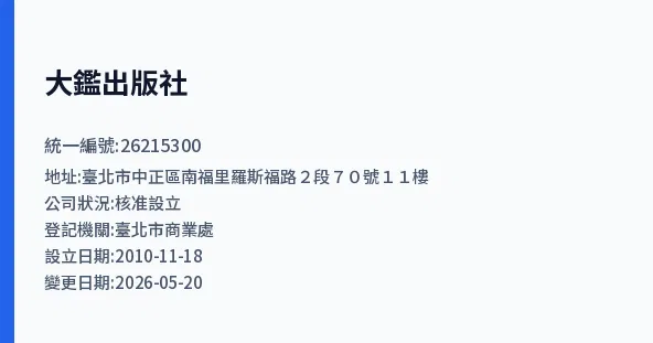 大鑑出版社的照片-統編 26215300(臺北市) 公司登記資料與營業項目詳細圖表