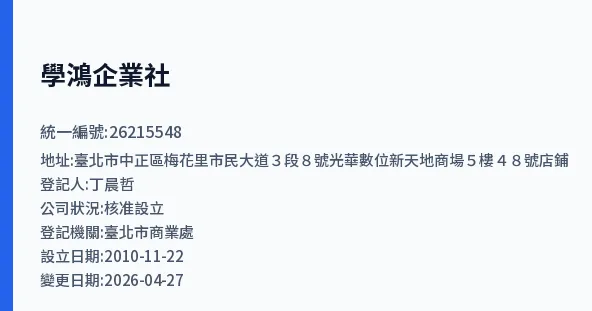學鴻企業社的照片-統編 26215548(臺北市) 公司登記資料與營業項目詳細圖表
