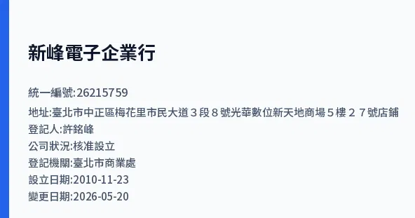 新峰電子企業行的照片-統編 26215759(臺北市) 公司登記資料與營業項目詳細圖表