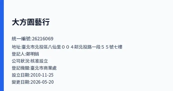 大方園藝行的照片-統編 26216069(臺北市) 公司登記資料與營業項目詳細圖表
