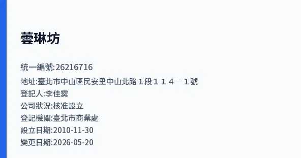 蕓琳坊的照片-統編 26216716(臺北市) 公司登記資料與營業項目詳細圖表