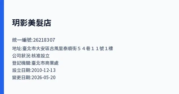 玥影美髮店的照片-統編 26218307(臺北市) 公司登記資料與營業項目詳細圖表