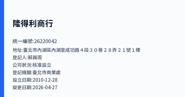隆得利商行的照片-統編 26220042(臺北市) 公司登記資料與營業項目詳細圖表