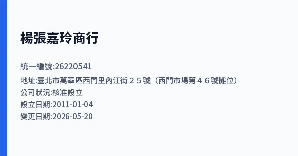 楊張嘉玲商行的照片-統編 26220541(臺北市) 公司登記資料與營業項目詳細圖表