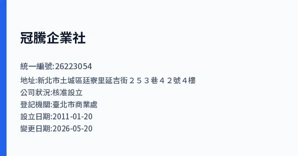 冠騰企業社的照片-統編 26223054(新北市) 公司登記資料與營業項目詳細圖表