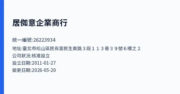 居侞意企業商行的照片-統編 26223934(臺北市) 公司登記資料與營業項目詳細圖表