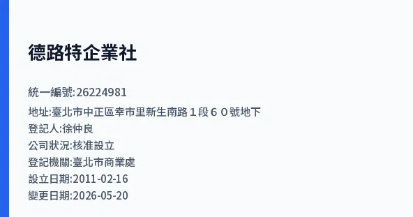 德路特企業社的照片-統編 26224981(臺北市) 公司登記資料與營業項目詳細圖表
