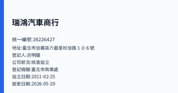 瑞鴻汽車商行的照片-統編 26226427(臺北市) 公司登記資料與營業項目詳細圖表