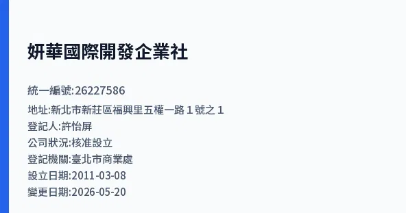 妍華國際開發企業社的照片-統編 26227586(新北市) 公司登記資料與營業項目詳細圖表