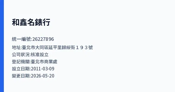 和鑫名錶行的照片-統編 26227896(臺北市) 公司登記資料與營業項目詳細圖表