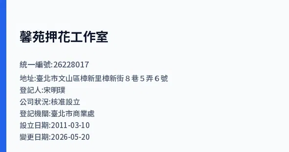 馨苑押花工作室的照片-統編 26228017(臺北市) 公司登記資料與營業項目詳細圖表