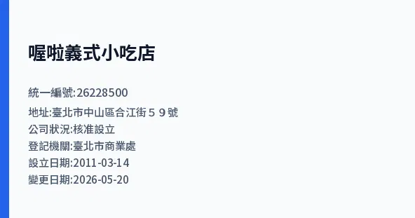 喔啦義式小吃店的照片-統編 26228500(臺北市) 公司登記資料與營業項目詳細圖表