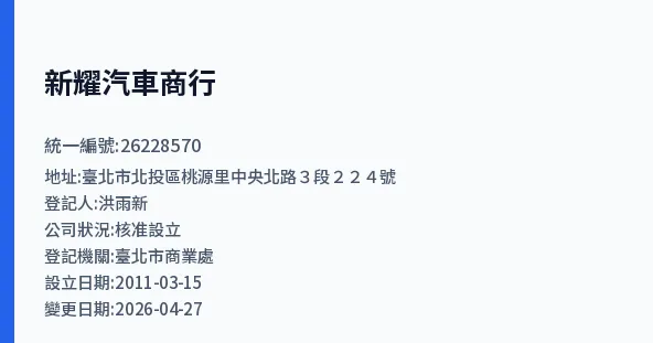 新耀汽車商行的照片-統編 26228570(臺北市) 公司登記資料與營業項目詳細圖表