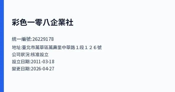 彩色一零八企業社的照片-統編 26229178(臺北市) 公司登記資料與營業項目詳細圖表