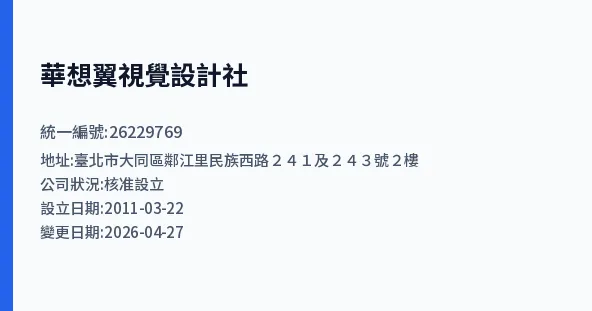 華想翼視覺設計社的照片-統編 26229769(臺北市) 公司登記資料與營業項目詳細圖表