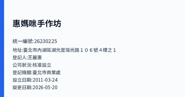 惠媽咪手作坊的照片-統編 26230225(臺北市) 公司登記資料與營業項目詳細圖表