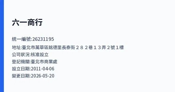 六一商行的照片-統編 26231195(臺北市) 公司登記資料與營業項目詳細圖表