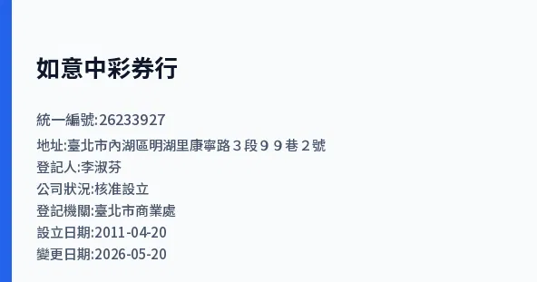如意中彩券行的照片-統編 26233927(臺北市) 公司登記資料與營業項目詳細圖表