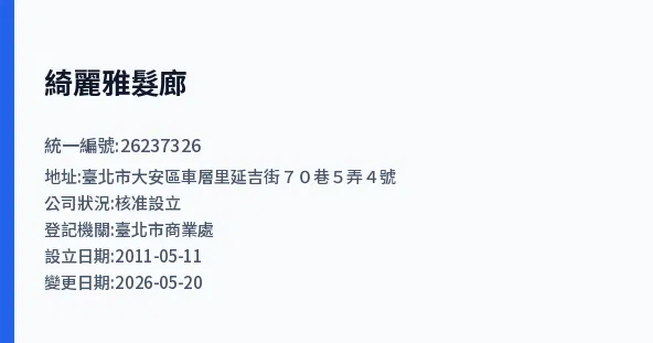綺麗雅髮廊的照片-統編 26237326(臺北市) 公司登記資料與營業項目詳細圖表