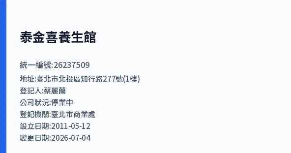 泰金喜養生館的照片-統編 26237509(臺北市) 公司登記資料與營業項目詳細圖表