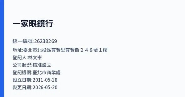 一家眼鏡行的照片-統編 26238269(臺北市) 公司登記資料與營業項目詳細圖表
