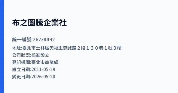 布之圖騰企業社的照片-統編 26238492(臺北市) 公司登記資料與營業項目詳細圖表