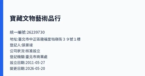 寶藏文物藝術品行的照片-統編 26239730(臺北市) 公司登記資料與營業項目詳細圖表