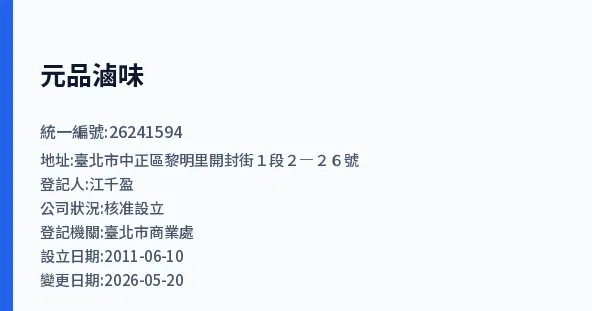 元品滷味的照片-統編 26241594(臺北市) 公司登記資料與營業項目詳細圖表