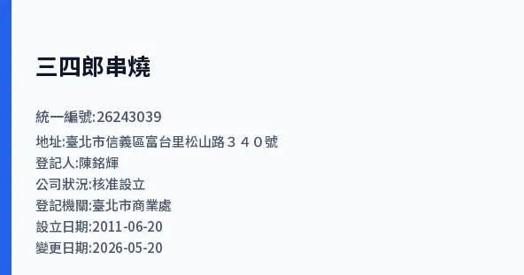三四郎串燒的照片-統編 26243039(臺北市) 公司登記資料與營業項目詳細圖表