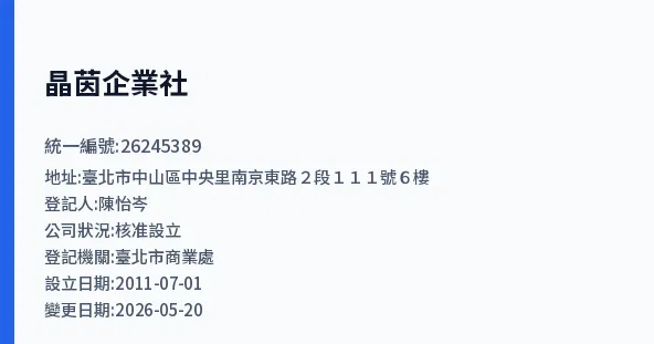 晶茵企業社的照片-統編 26245389(臺北市) 公司登記資料與營業項目詳細圖表