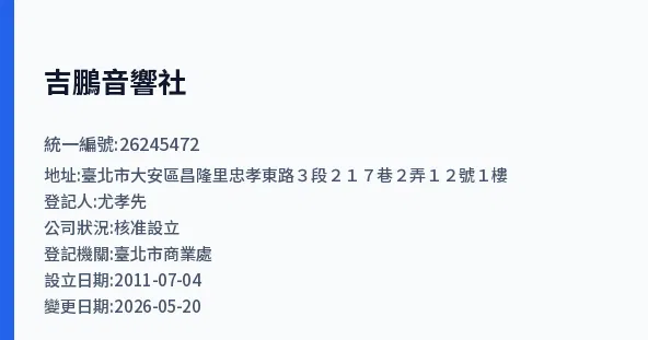 吉鵬音響社的照片-統編 26245472(臺北市) 公司登記資料與營業項目詳細圖表