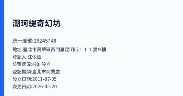 潮珂緹奇幻坊的照片-統編 26245748(臺北市) 公司登記資料與營業項目詳細圖表