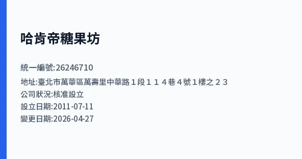 哈肯帝糖果坊的照片-統編 26246710(臺北市) 公司登記資料與營業項目詳細圖表