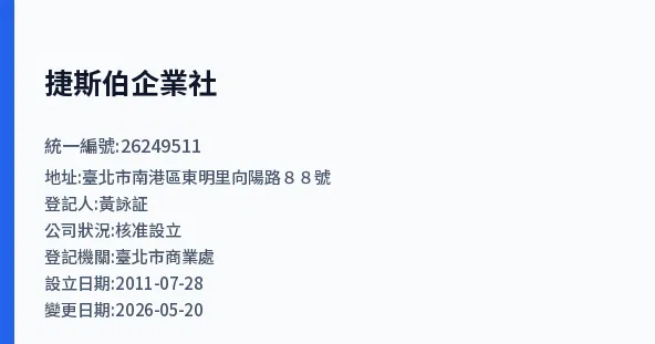 捷斯伯企業社的照片-統編 26249511(臺北市) 公司登記資料與營業項目詳細圖表