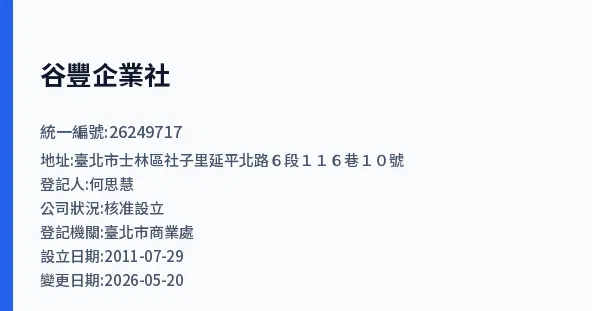 谷豐企業社的照片-統編 26249717(臺北市) 公司登記資料與營業項目詳細圖表
