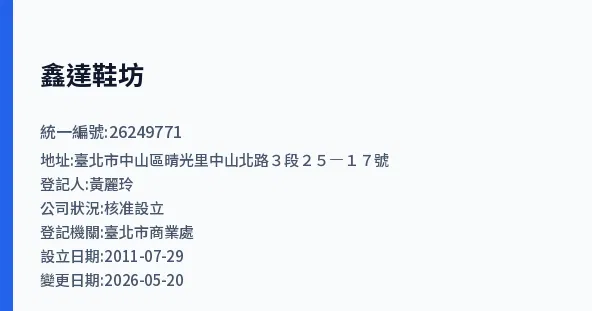 鑫達鞋坊的照片-統編 26249771(臺北市) 公司登記資料與營業項目詳細圖表